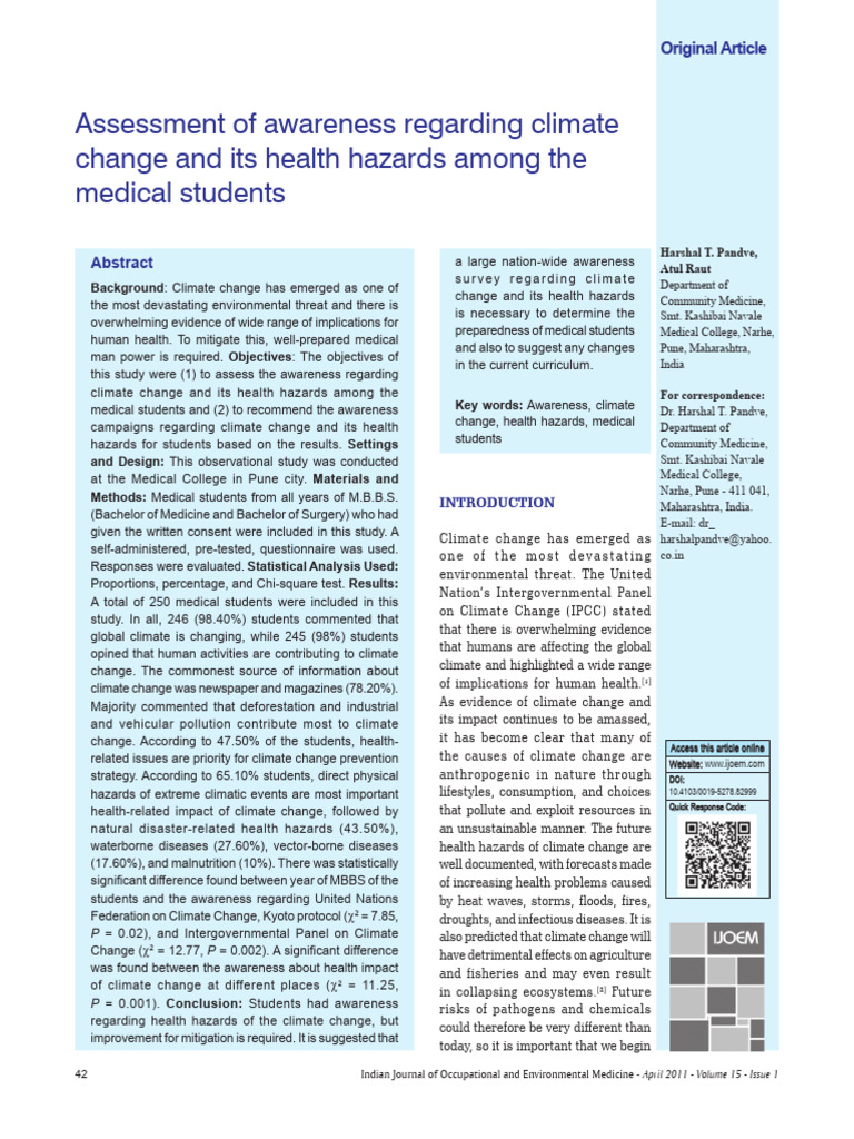 Assessment of Awareness Regarding Climate Change and Its Health Hazards ...