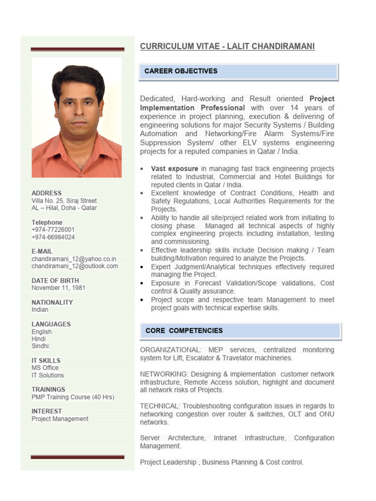 Curriculum Vitae - Lalit Chandiramani: Career Objectives | PDF | Computer Network | Building ...