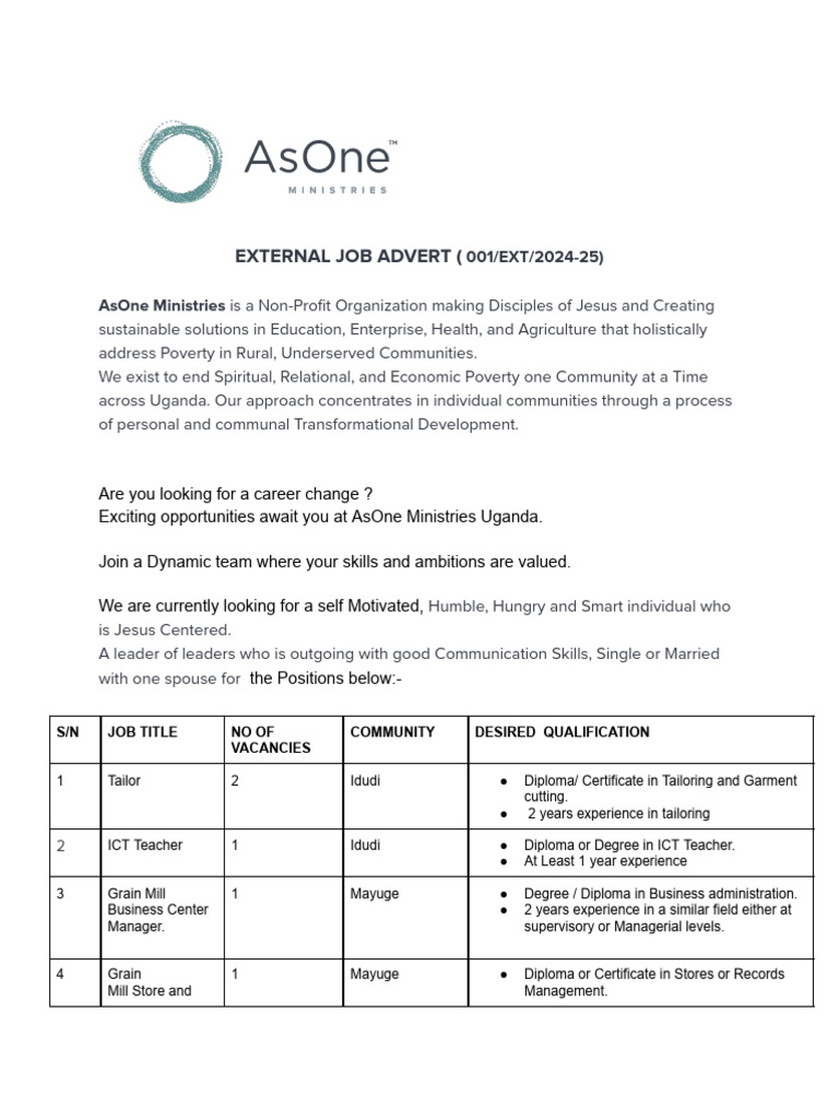 AsOne Ministries External Job Advert (001 - Ext - 2024-2025) - 2 | PDF | Midwife | Nursing