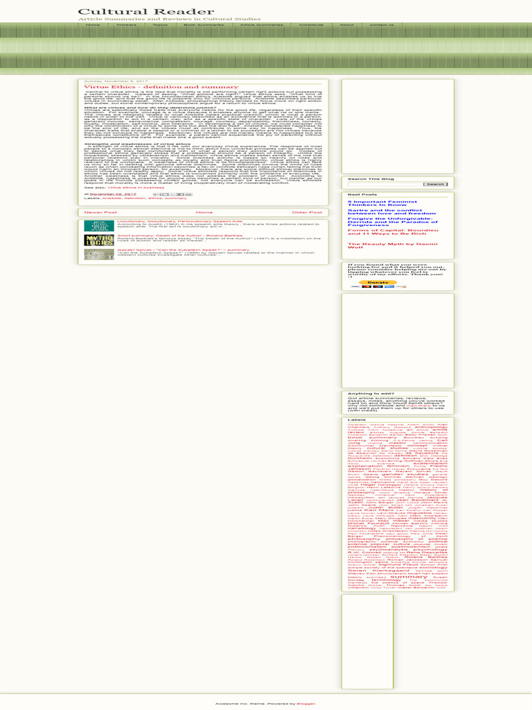 Cultural Reader Virtue Ethics Definition And Summary PDF Virtue
