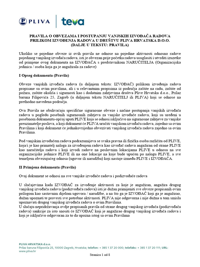 Pravila Vanjskih Izvođača Radova Teva Pliva 2023 | PDF
