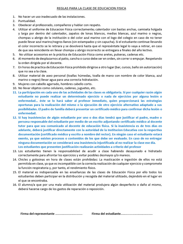 Reglas para La Clase de Educacion Fisica - Basica - Bachillerato | PDF ...