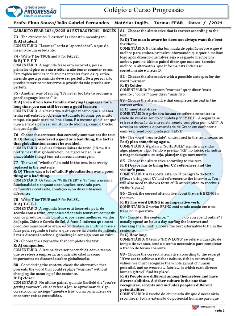 Gabarito Extraoficial Eear - Cfs 01 - Julho 2024 - 2025 | PDF | Gramática Gabarito Extraoficial Eear - Cfs 01 - Julho 2024 - 2025 | PDF | Gramática