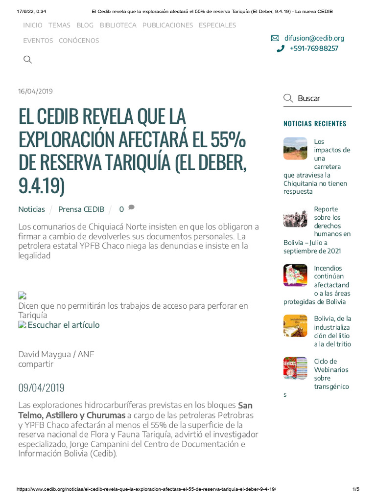 CEDIB Revela Que La Exploración Afectará El 55% de Reserva Tariquía (El Deber, 9.4.19) | PDF ...