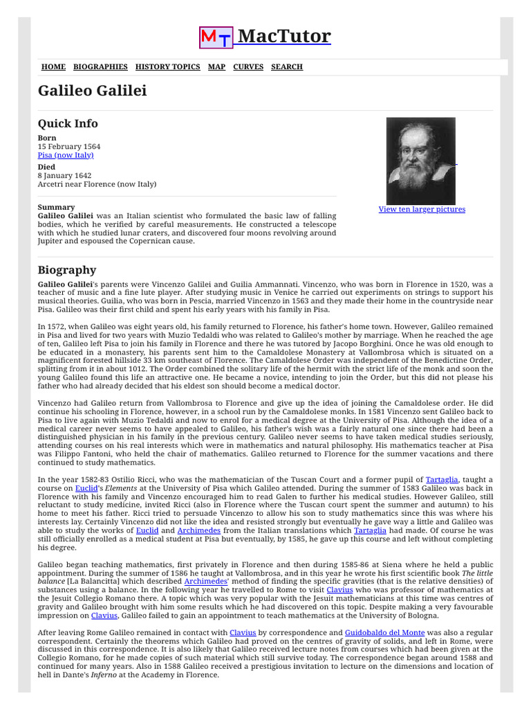 Galileo Galilei (1564 - 1642) - Biography - MacTutor History of ...