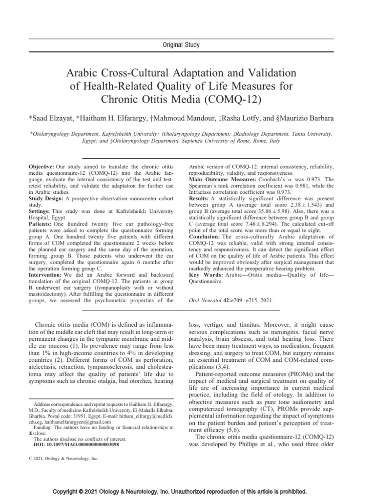 Arabic Cross Cultural Adaptation And Validation Of 21 Pdf Medical Specialties Diseases And
