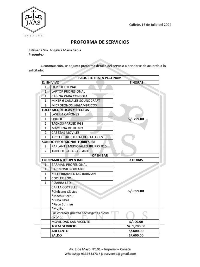 Proforma JAAS EVENTOS | PDF