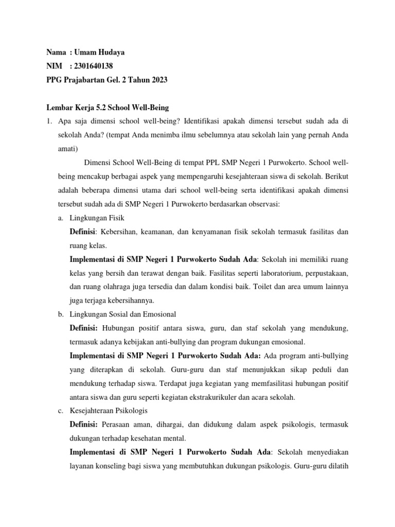 Umam Hudaya - Lembar Kerja 5.2 School Well-Being | PDF