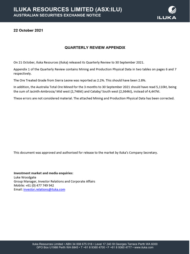 Iluka Resources Quarterly Review Q3 2021 Appendix | PDF | Titanium ...