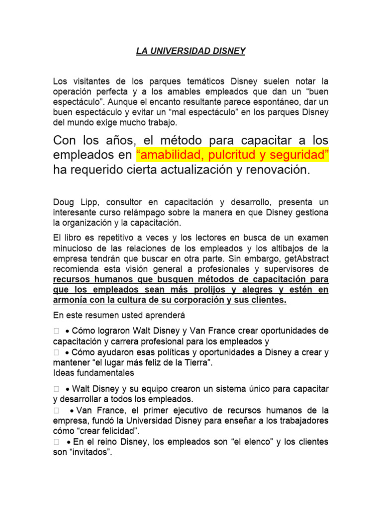 Capacitación en la Universidad Disney | PDF | La compañía Walt Disney ...