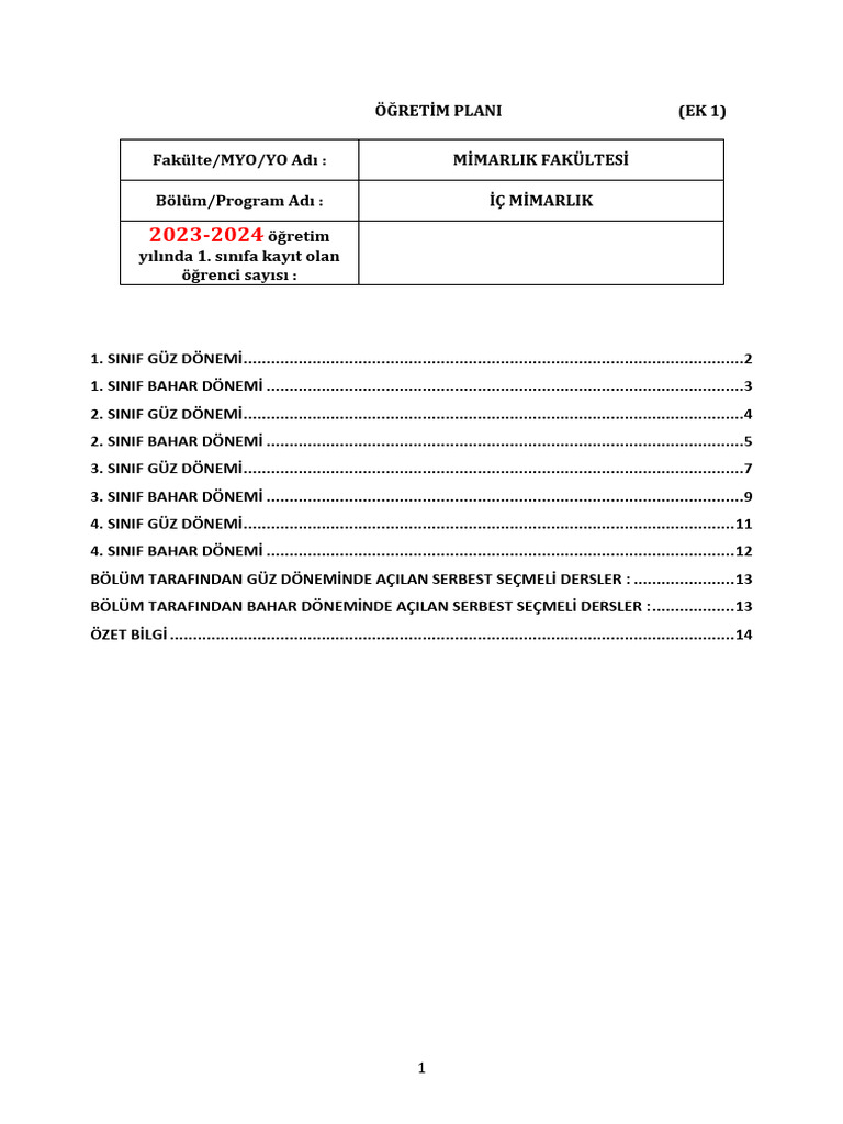 Ic Mimarlik Ders Bilgi Formalari Ogretim Programi | PDF