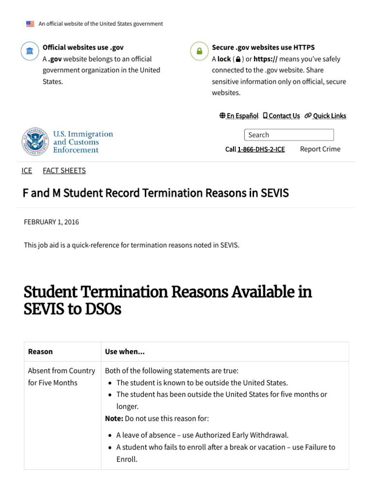 F and M Student Record Termination Reasons in SEVIS - ICE | PDF | U.S ...