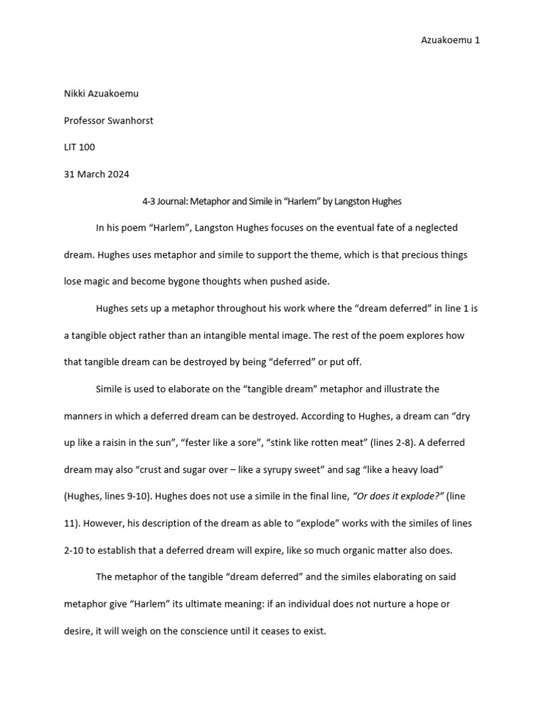 Harlem - Langston Hughes Mini Analysis | PDF | Classics