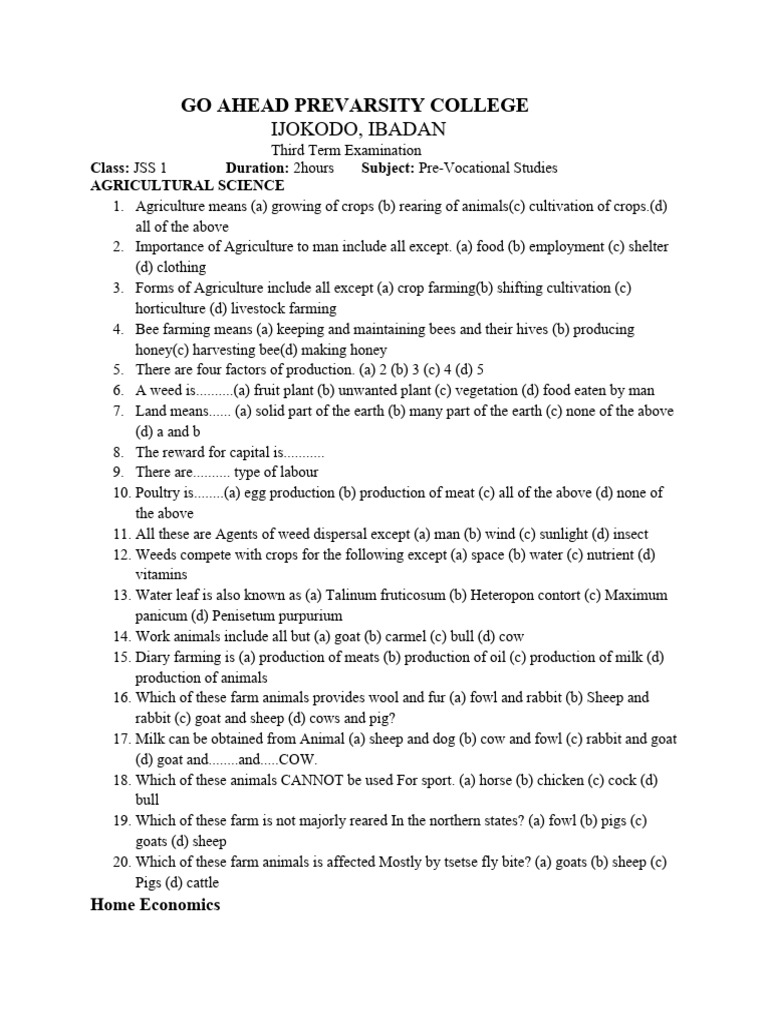 Home Economics 3rd Term Exam Questions | PDF | Agriculture | Goat