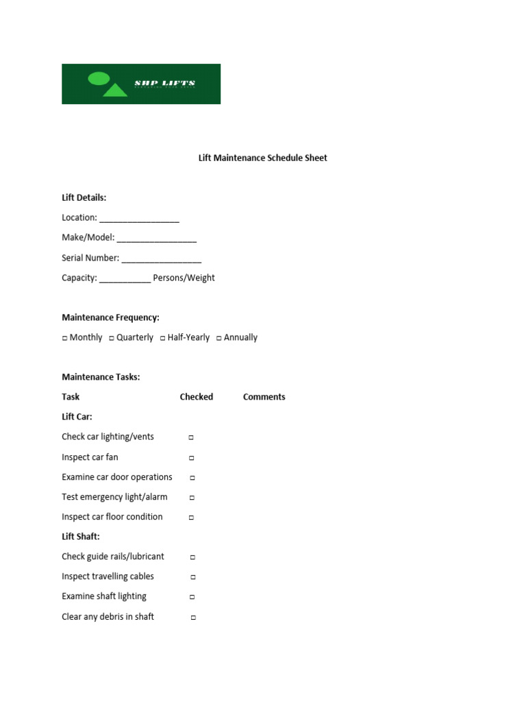 Lift Maintenance Schedule Sheet - SHP | PDF