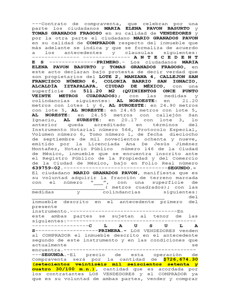 Contrato de Compraventa Mario Granados Pavon | PDF | Derecho