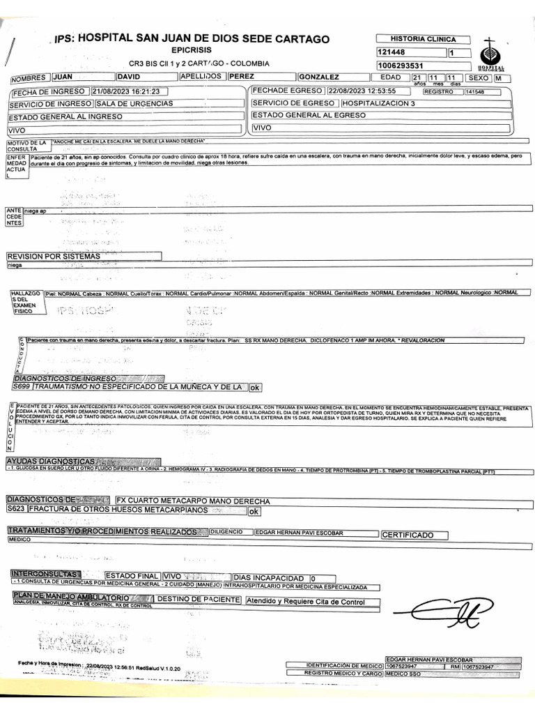 Epicrisis JDPG Fractura Metacarpo Derecho | PDF