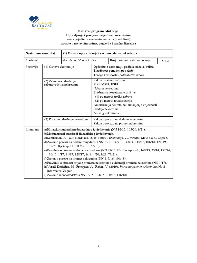 Nastavni Program Edukacije Upravljanje I Procjena Vrijednosti Nekretnina 1 | PDF