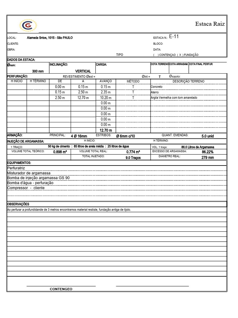 Boletim de Estaca Raiz | PDF | Argamassa (alvenaria) | Concreto