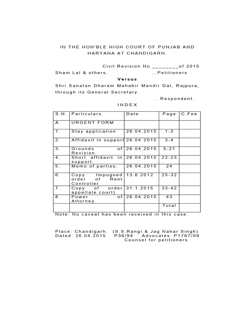 Rent R. Sham Lal vs. Shri Sanatan Dharam Mahabir Mandir, Rajpura | PDF ...