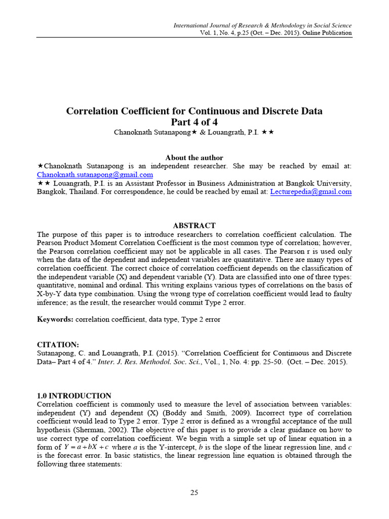 ARTICLE 2, Vol 1, No 4, Correlation Coefficient For Continuous and Discrete Data 2 | PDF ...