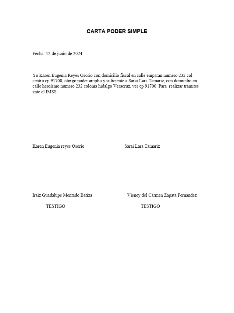 Carta Poder Simple para IMSS | PDF