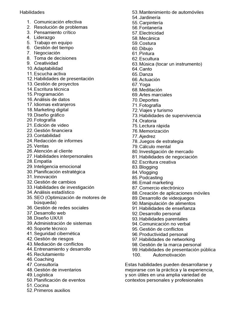 100 Habilidades Clave para el Éxito | PDF | Arte | Relaciones ...