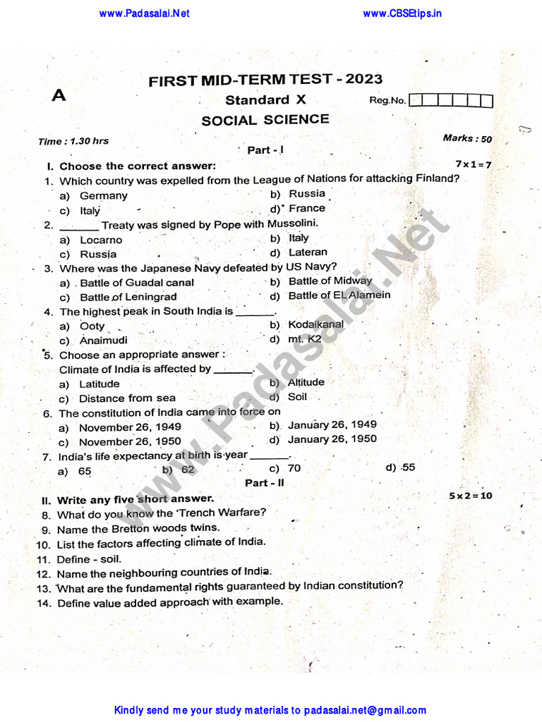 10th Social EM 1st Mid Term Exam 2023 Original Question Paper Kanchipuram District English ...