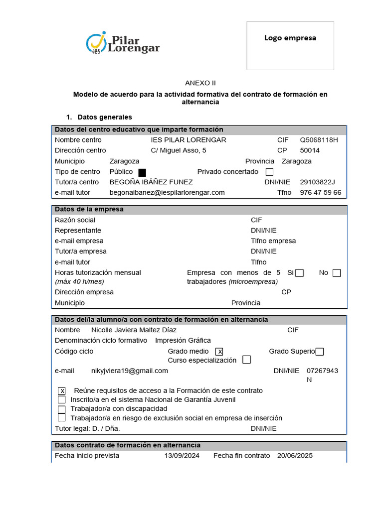Anexo II - Modelo Acuerdo Formativo - Contrato Formación en Alternancia 2024 | PDF | Maestros ...