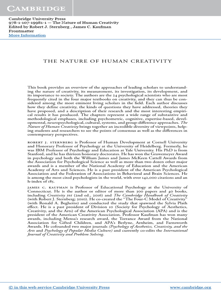 THE NATURE OF HUMAN CREATIVITY - Edited by Robert J. Sternberg, James C ...