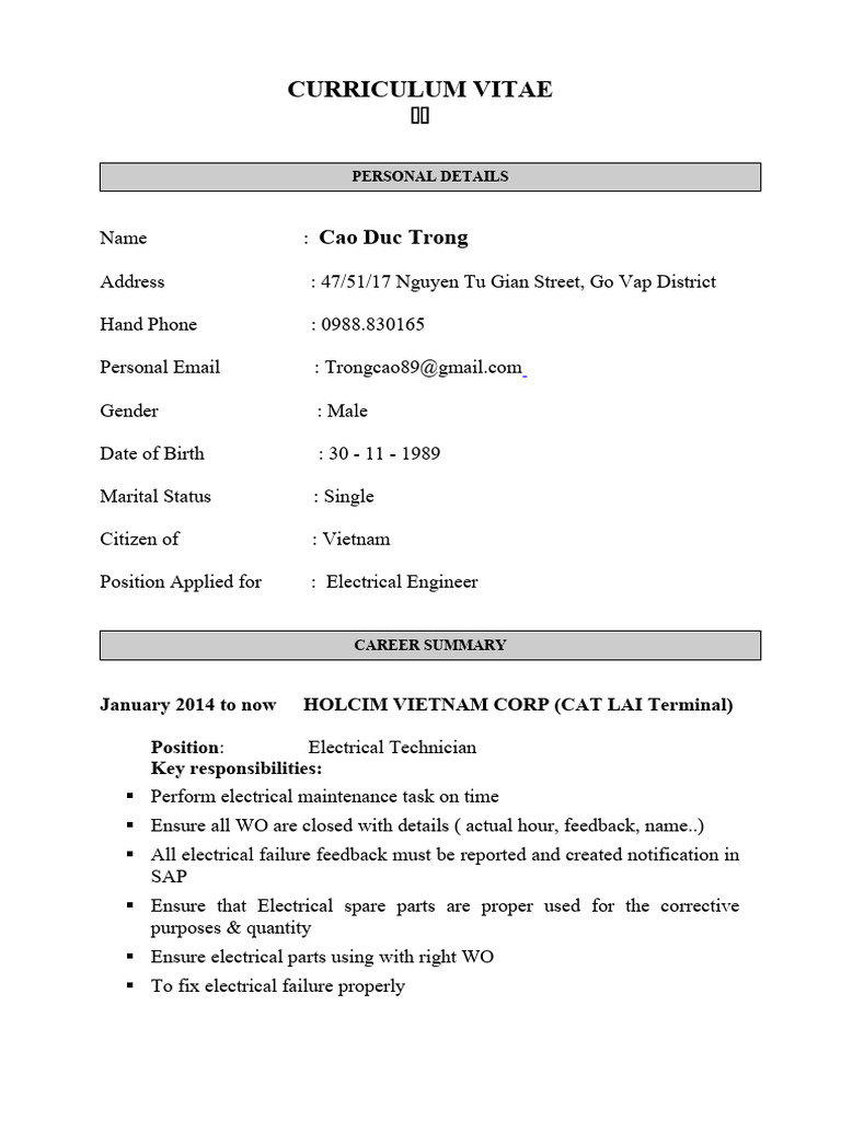 CV - Electrical Engineer | PDF | Electrical Engineering | Electricity
