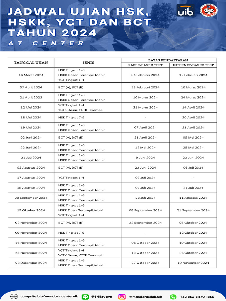 Jadwal HSK, HSKK, Yct Dan BCT 2024 | PDF