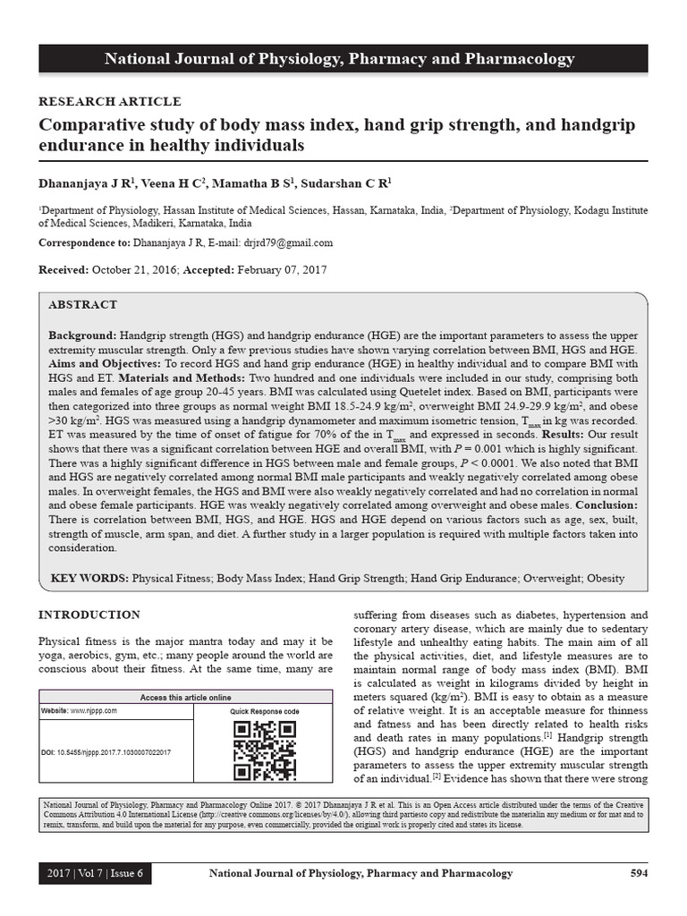 Comparative Study of Body Mass Index, Hand Grip Strength, and Handgrip ...