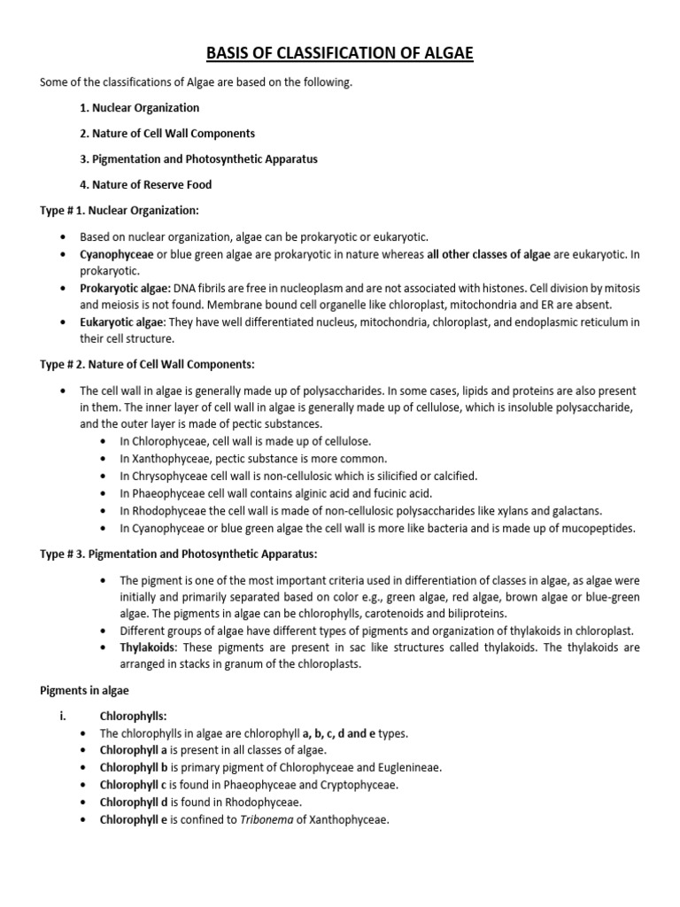 Basis of Classifications of Algae | PDF | Cell (Biology) | Eukaryotes