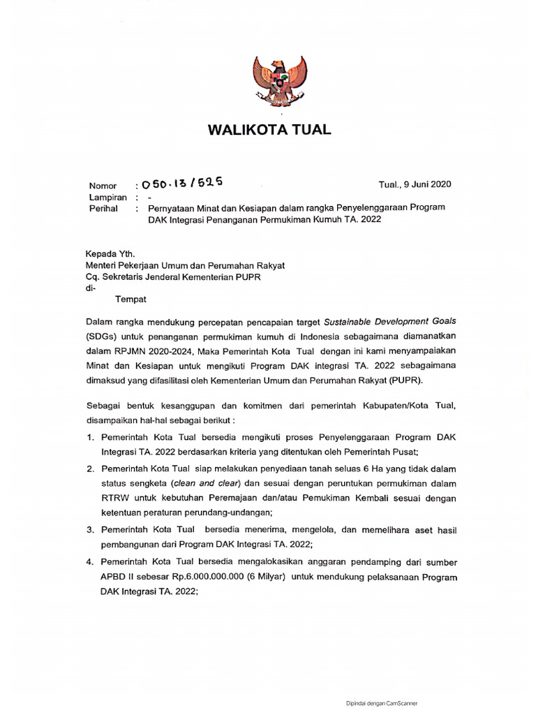 Kota Tual - Maluku - Surat Minat DAK Integrasi 2022 | PDF