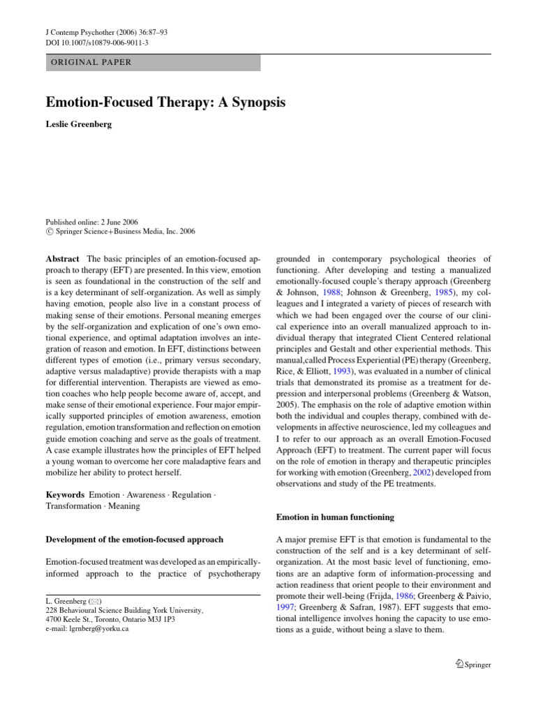 Emotion-Focused Therapy A Synopsis | PDF | Psychotherapy | Emotions
