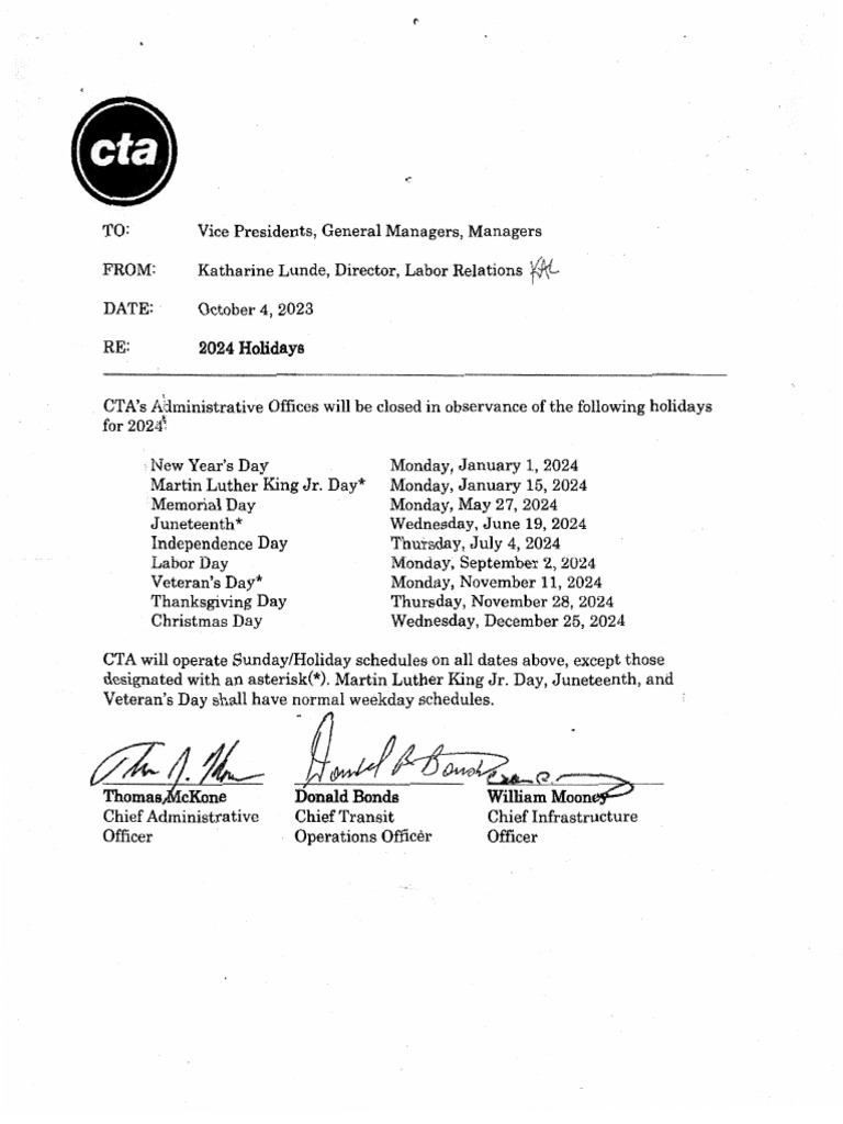 CTA 2024 Holiday Schedule Overview | PDF