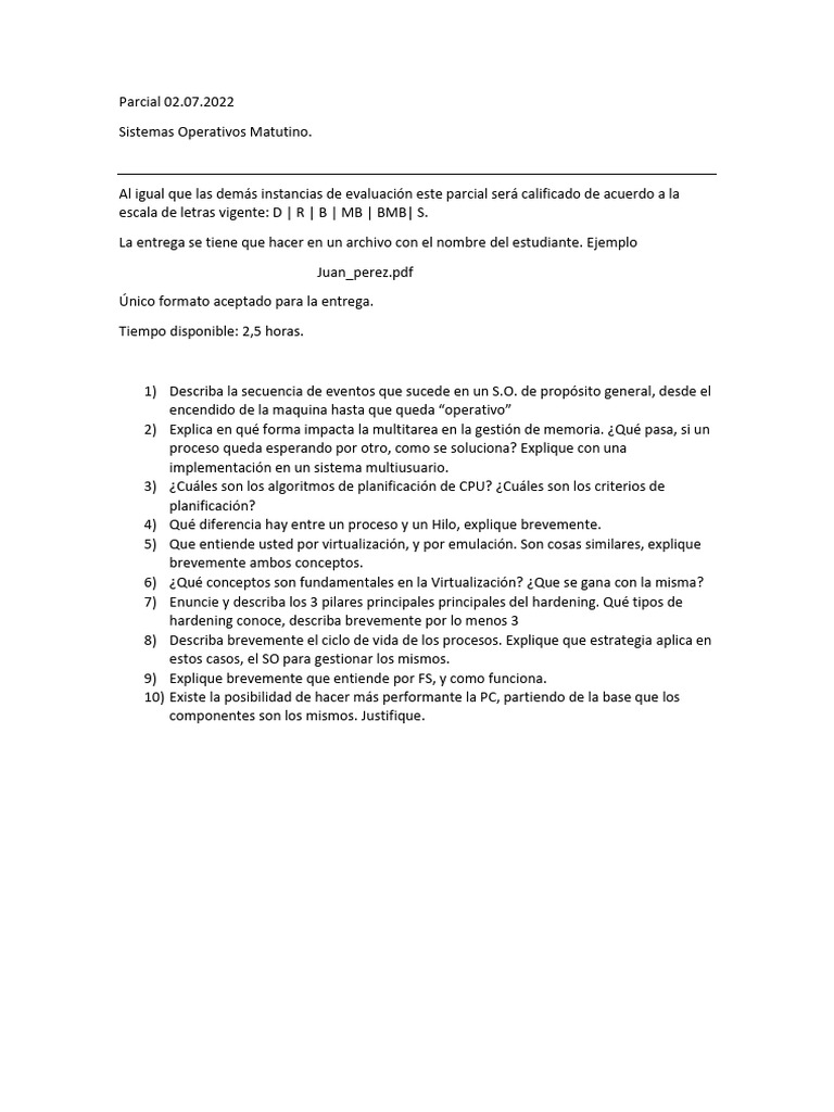 Evaluación Sistemas Operativos 2022 | PDF
