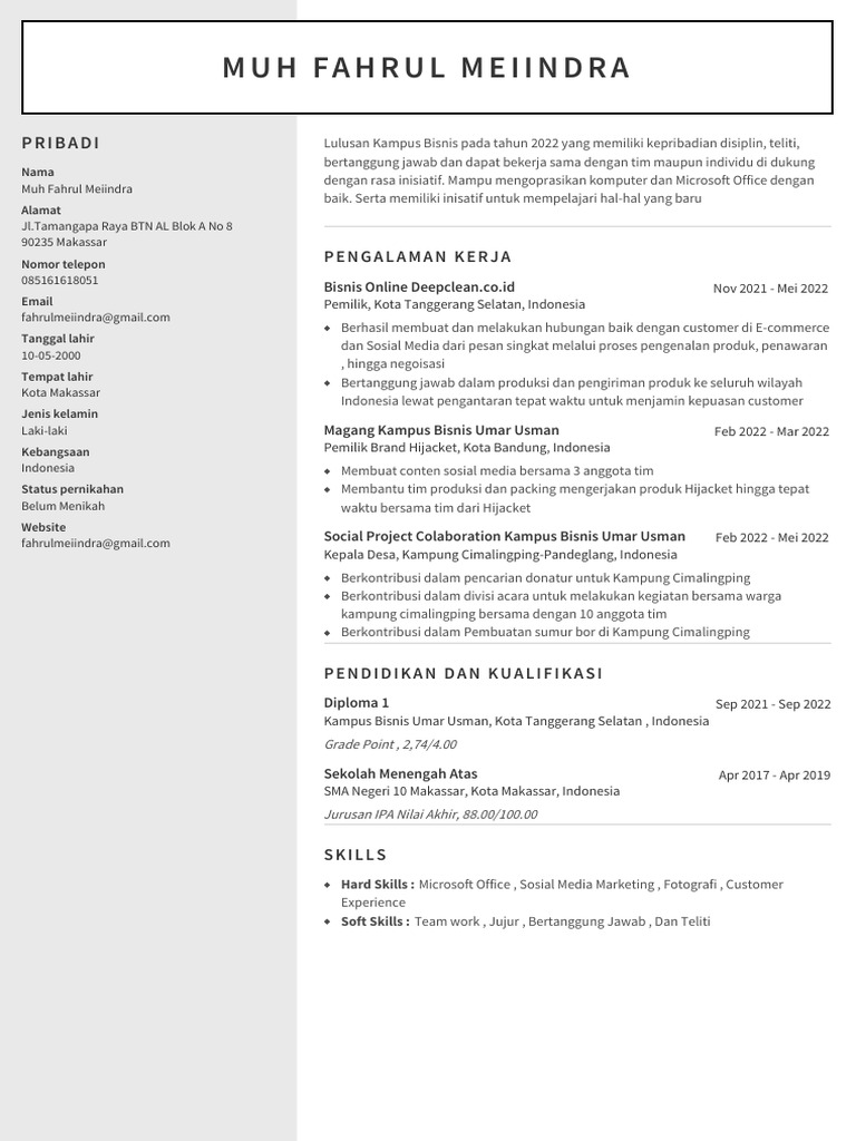 CV Muh Fahrul Meiindra #1 | PDF