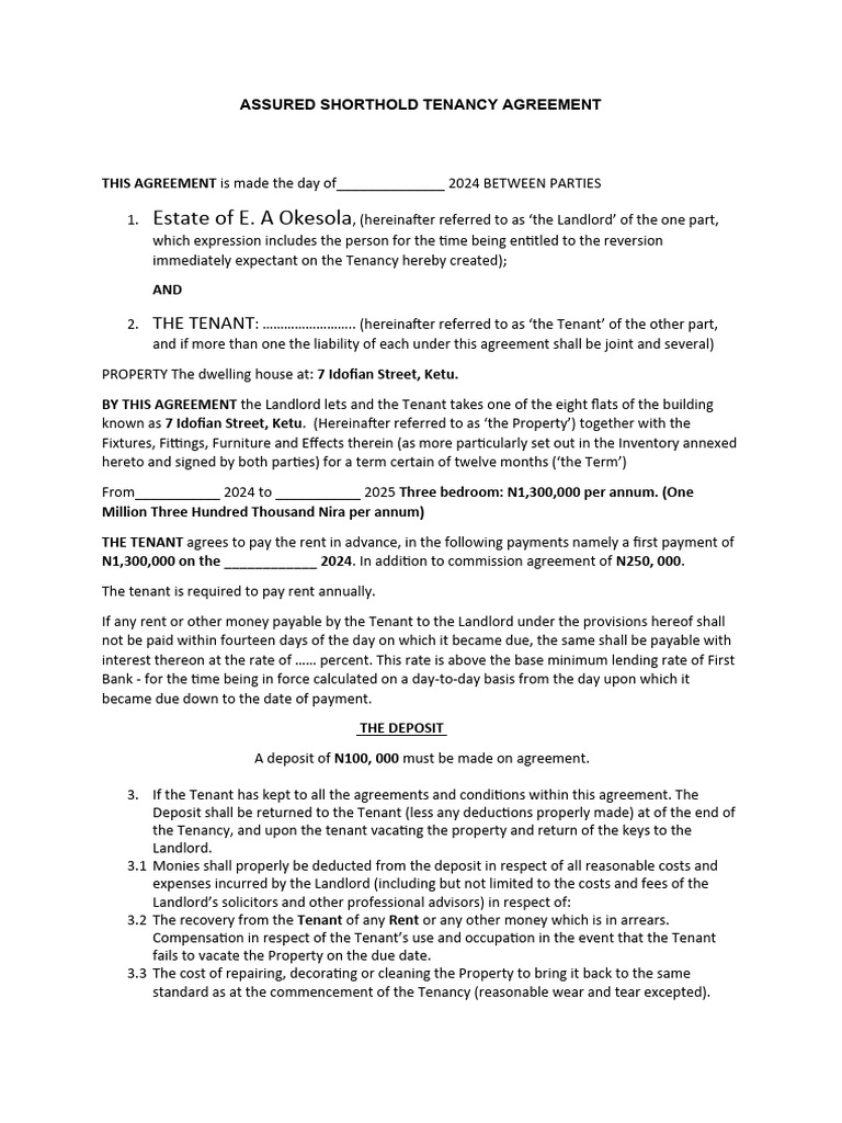 Tenant Agreement Three Bedroom For Ketu | PDF | Leasehold Estate | Landlord
