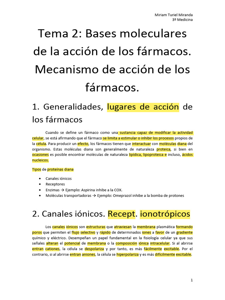 Tema 2 Bases Moleculares de La Accion de Los | PDF | Receptor (Bioquímica) | Canal de iones