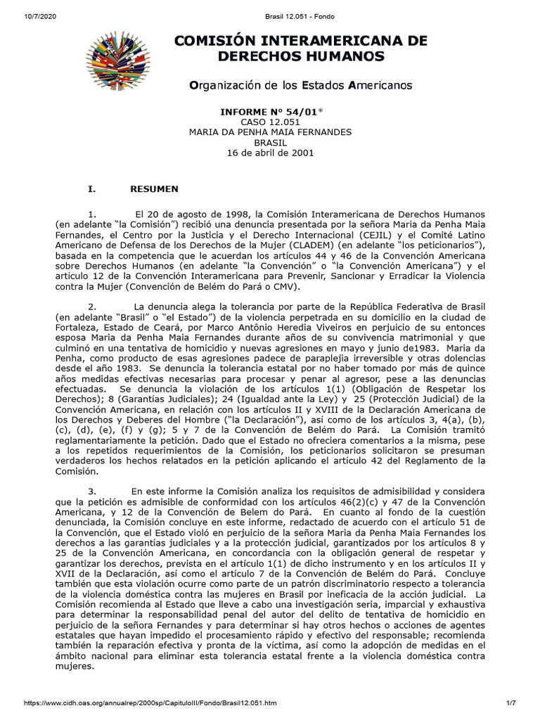 Caso 12.051 Maria Da Penha Maia Fernandes | PDF | Violación | Convenio europeo de derechos humanos