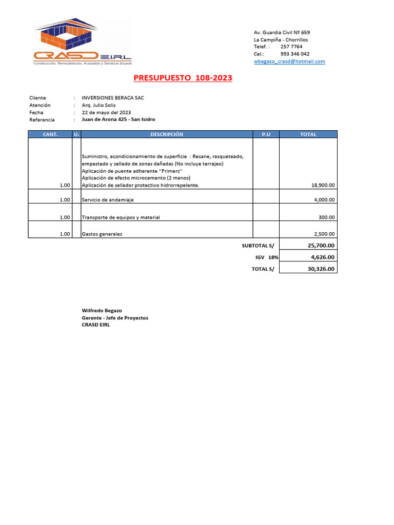 Presup 108-2023 Inversiones Beraca | PDF