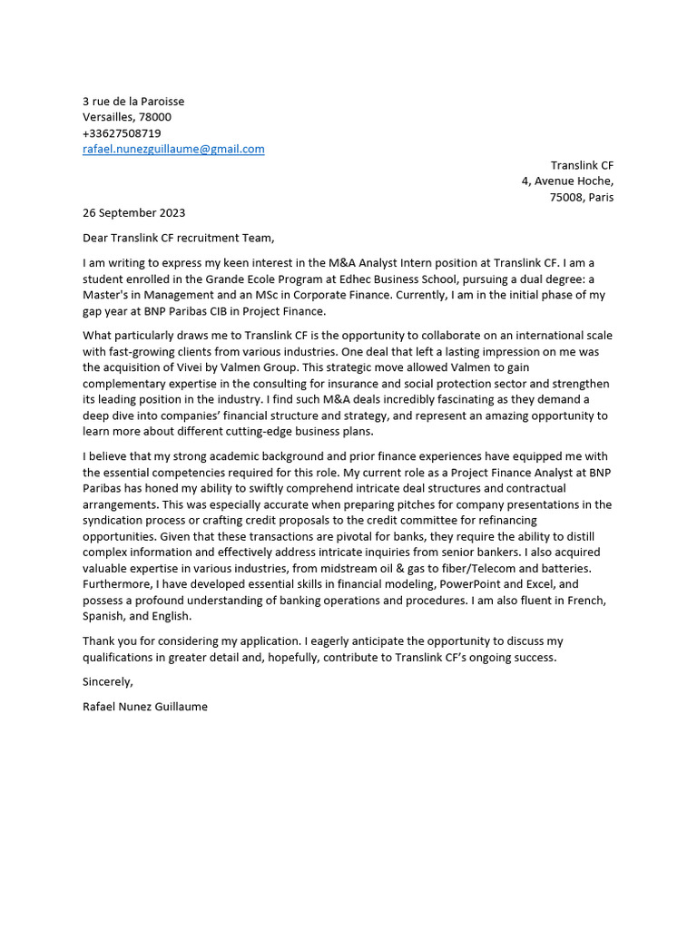 M&A Analyst Intern Application at Translink CF | PDF | Bnp Paribas ...