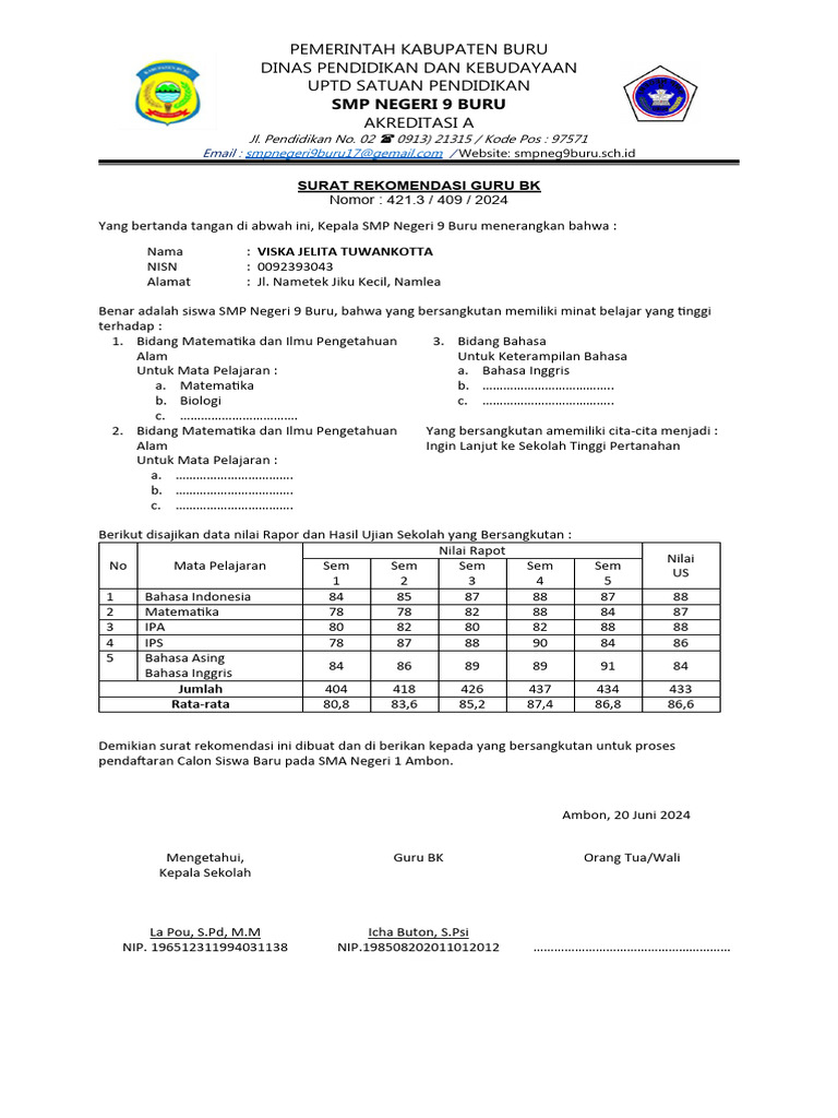 Surat Keterangan SMA Negeri 1 Ambon | PDF