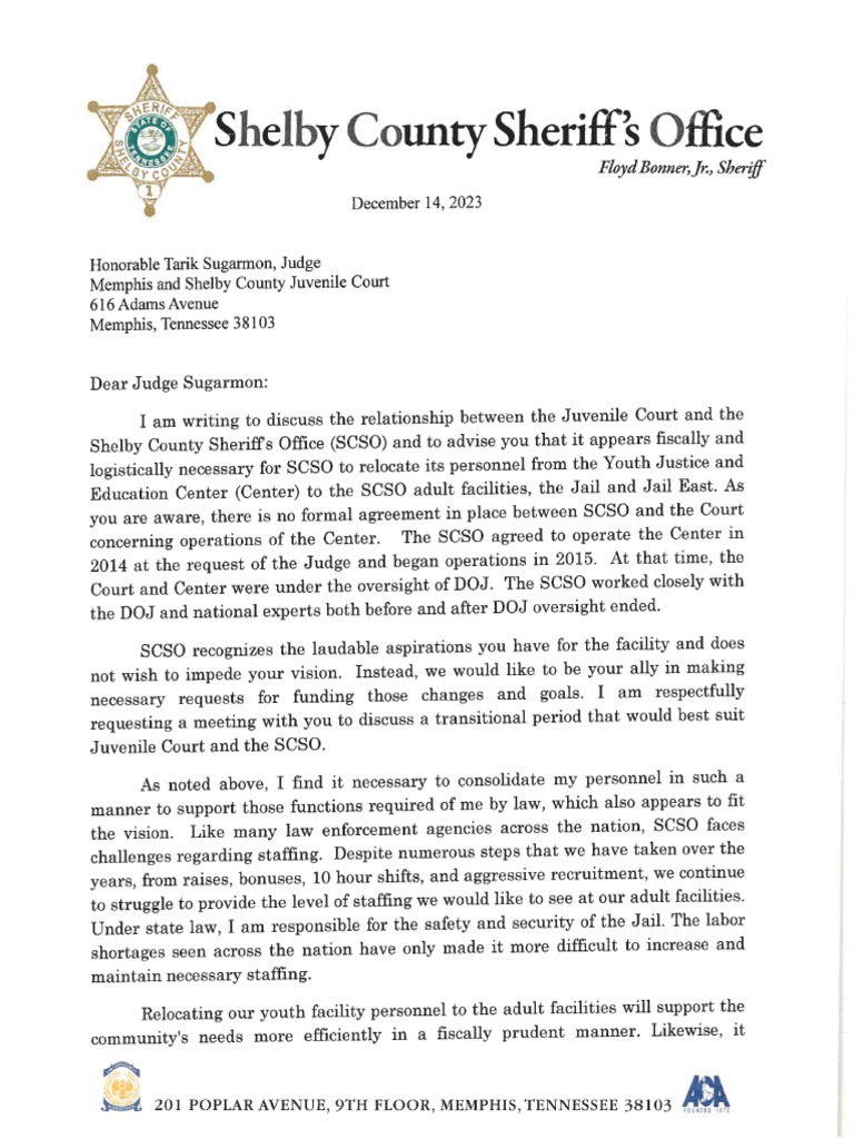 Letter From Sheriff Bonner To Judge Sugarmon | PDF