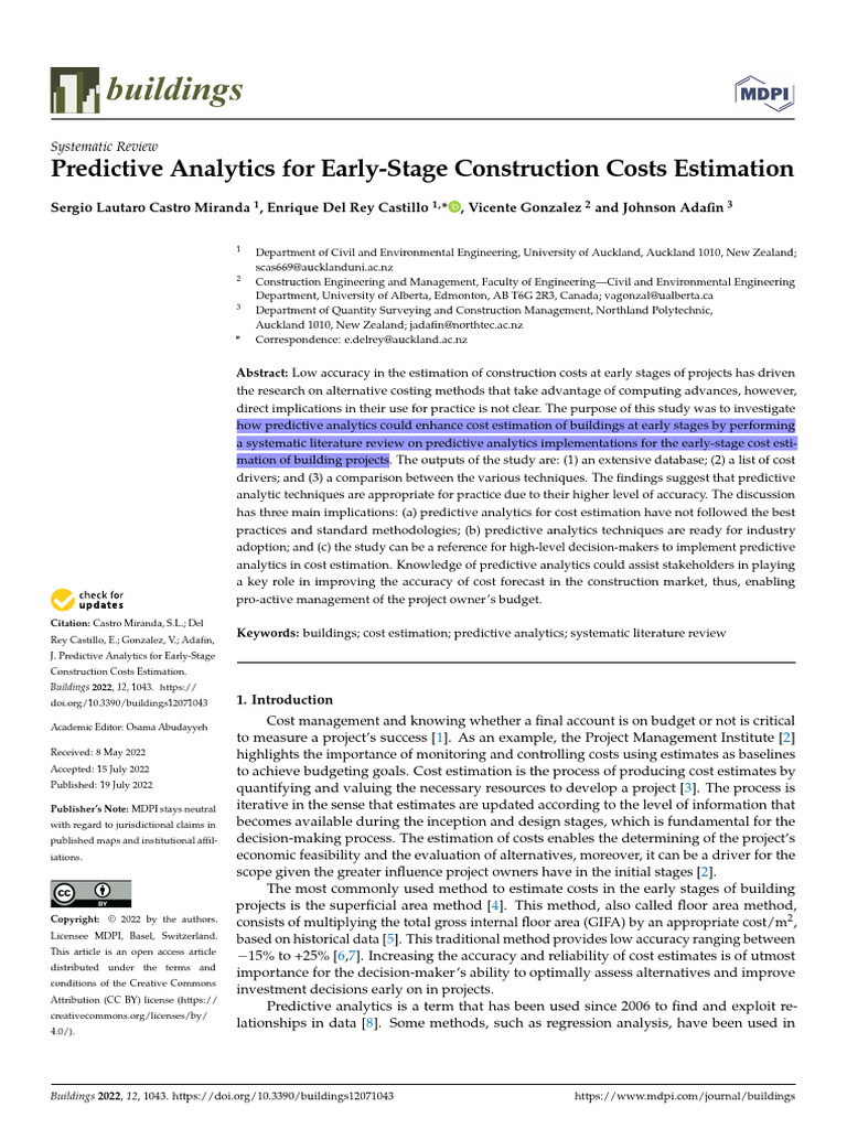 Predictive Analytics for Early-Stage Construction Costs Estimation | PDF | Cross Validation ...