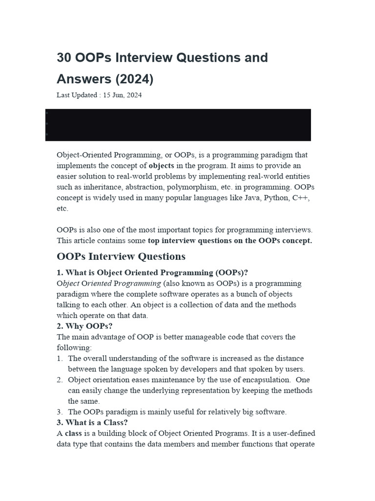 30 OOPs Interview Questions and Answers | Download Free PDF | Object Oriented Programming ...