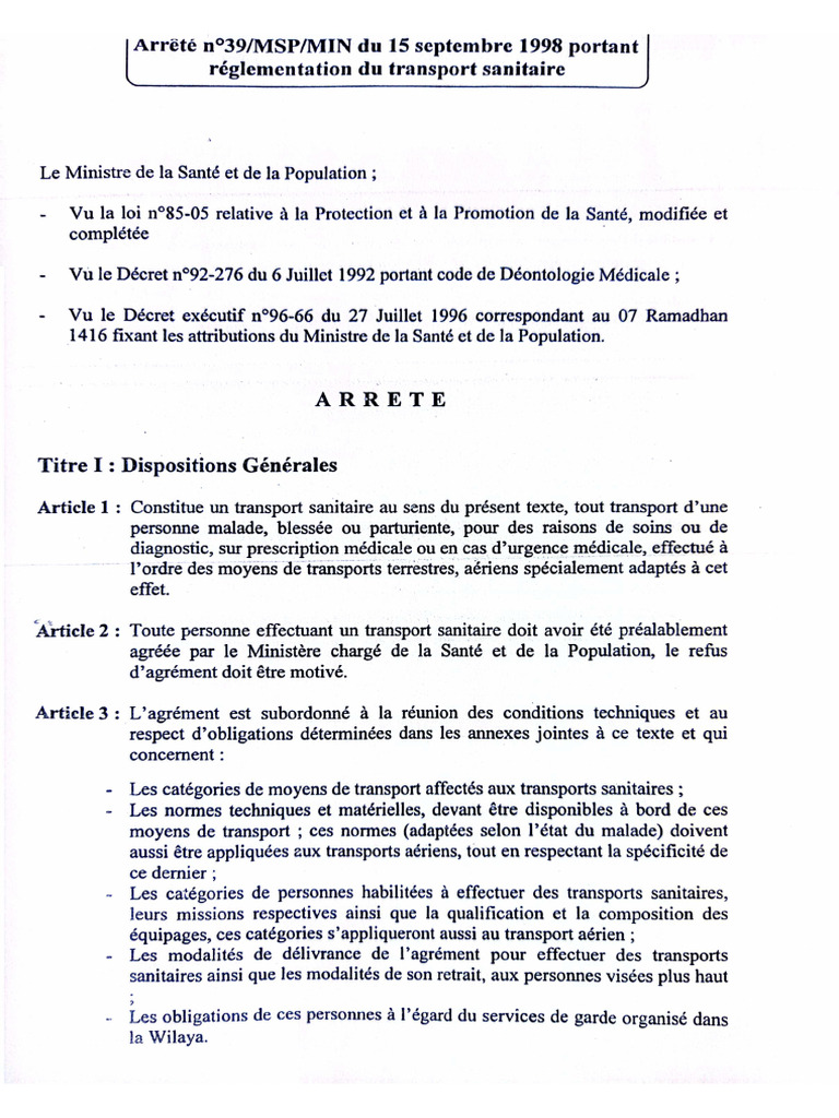 Transport Sanitaire Arrete N° 39 Du 25 Sep 1998 Et Arrete N°01 Du 29 ...