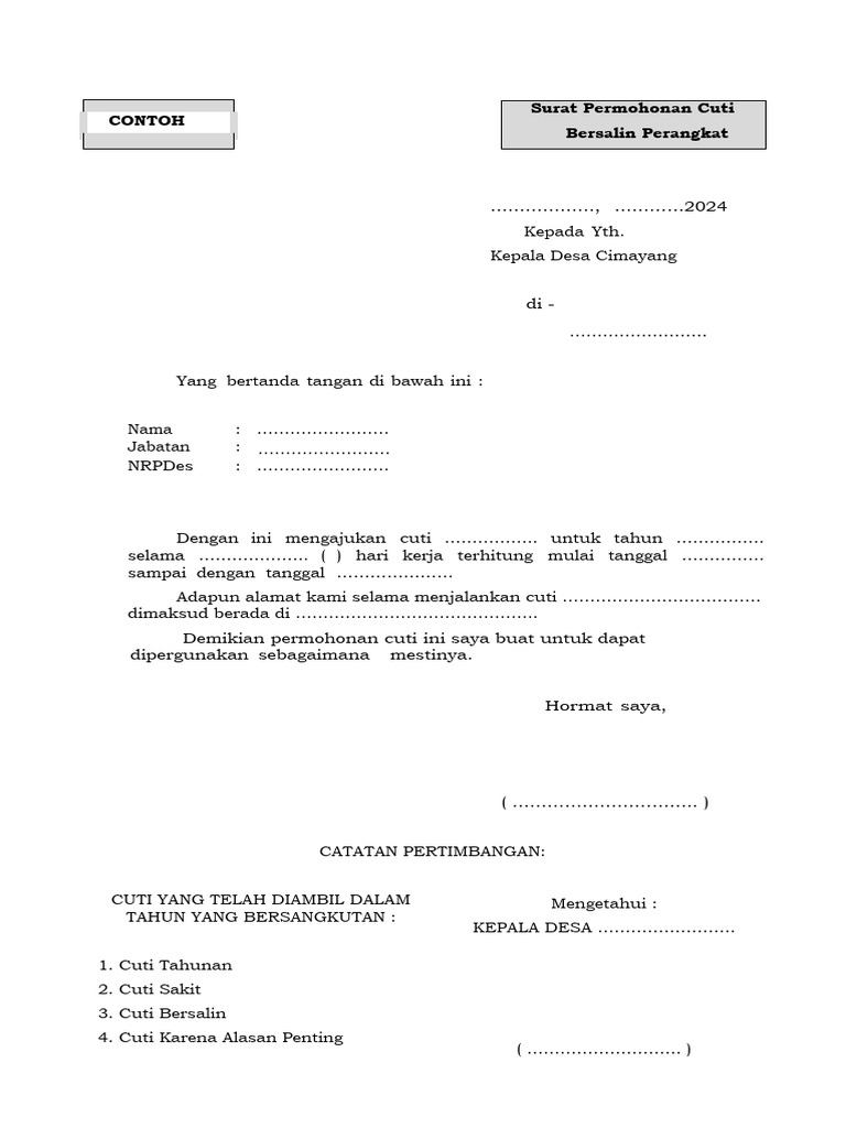 Contoh Surat Cuti Bersalin Desa | PDF